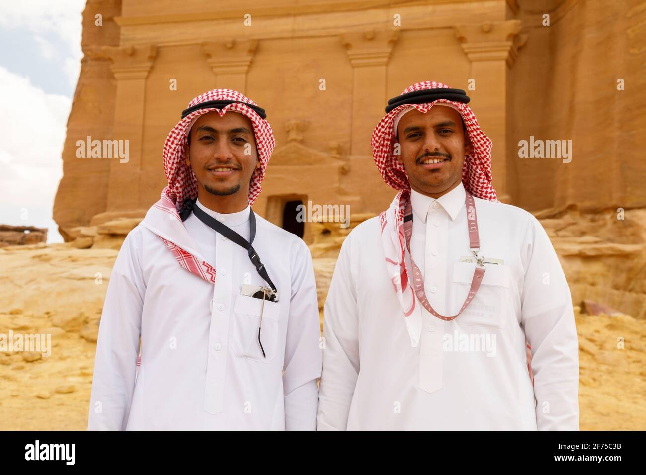AlUla, Saudi Arabia, February 19 2020: Two young Saudi Arabian tour ...