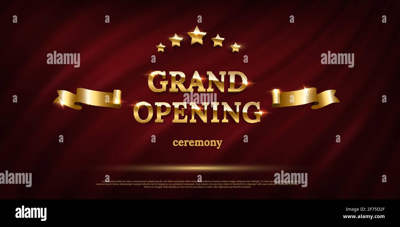 Grand opening on stage in spotlight with red curtain background ...