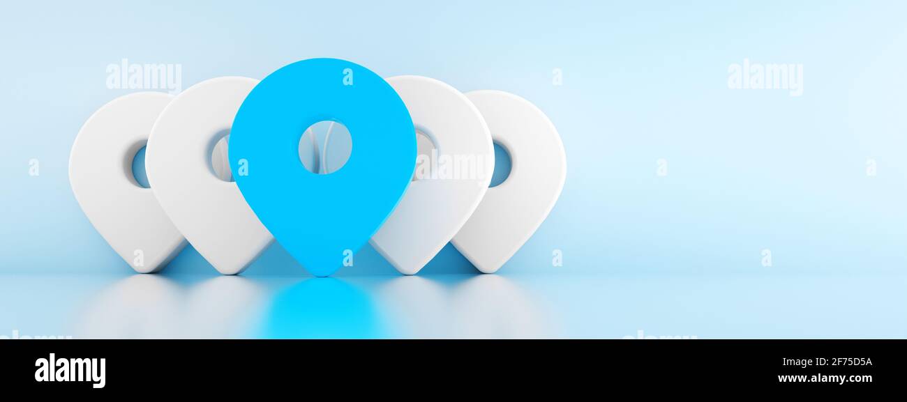 3d pins with the first one in blue, location map symbol 3d render over ...