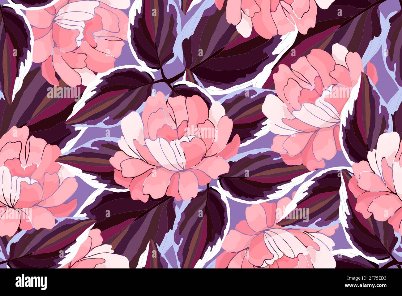 Art floral pattern. Pink peonies, colorful leaves isolated on purple ...
