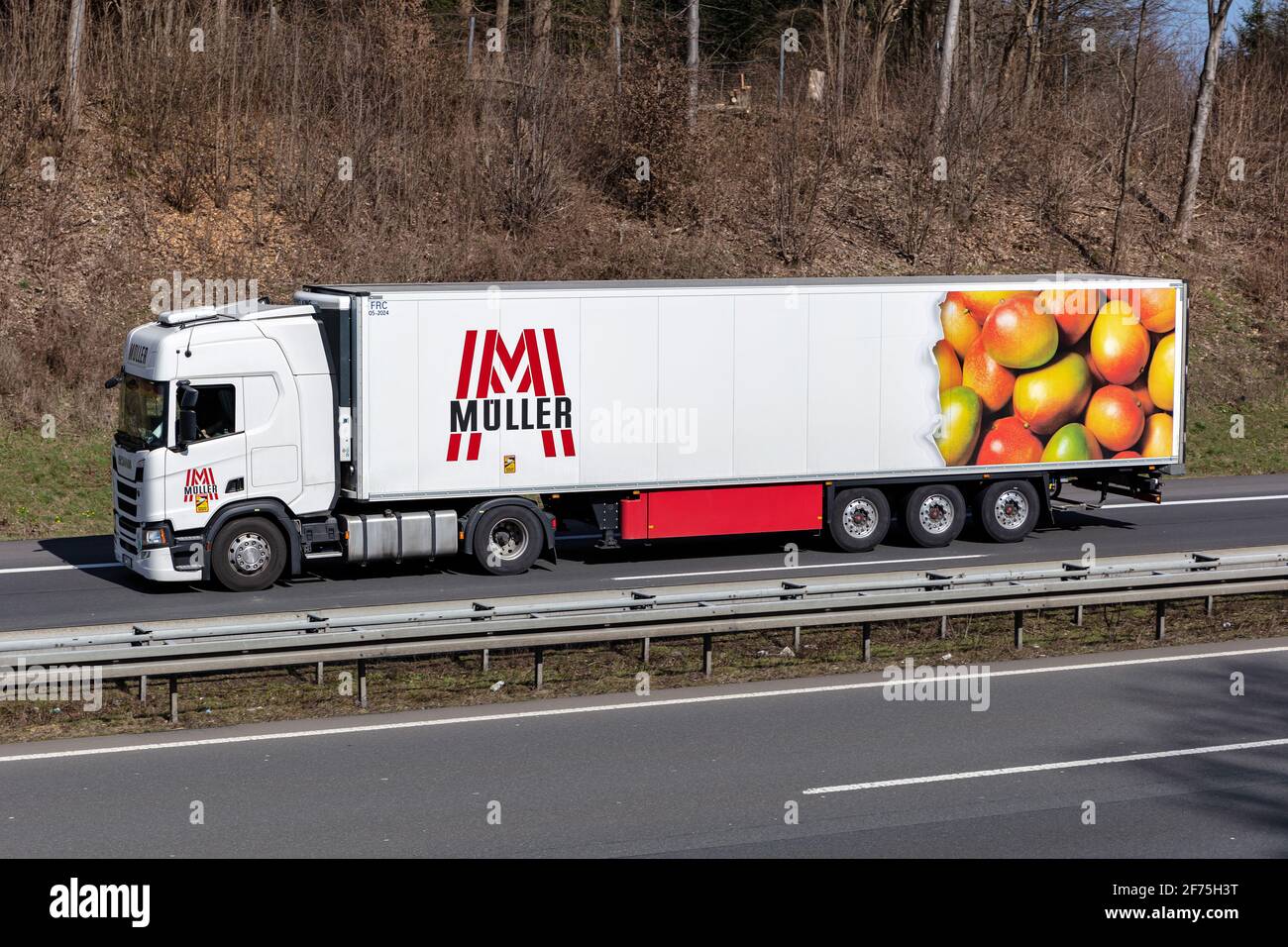 Mueller Scania truck with temperature controlled trailer on motorway ...