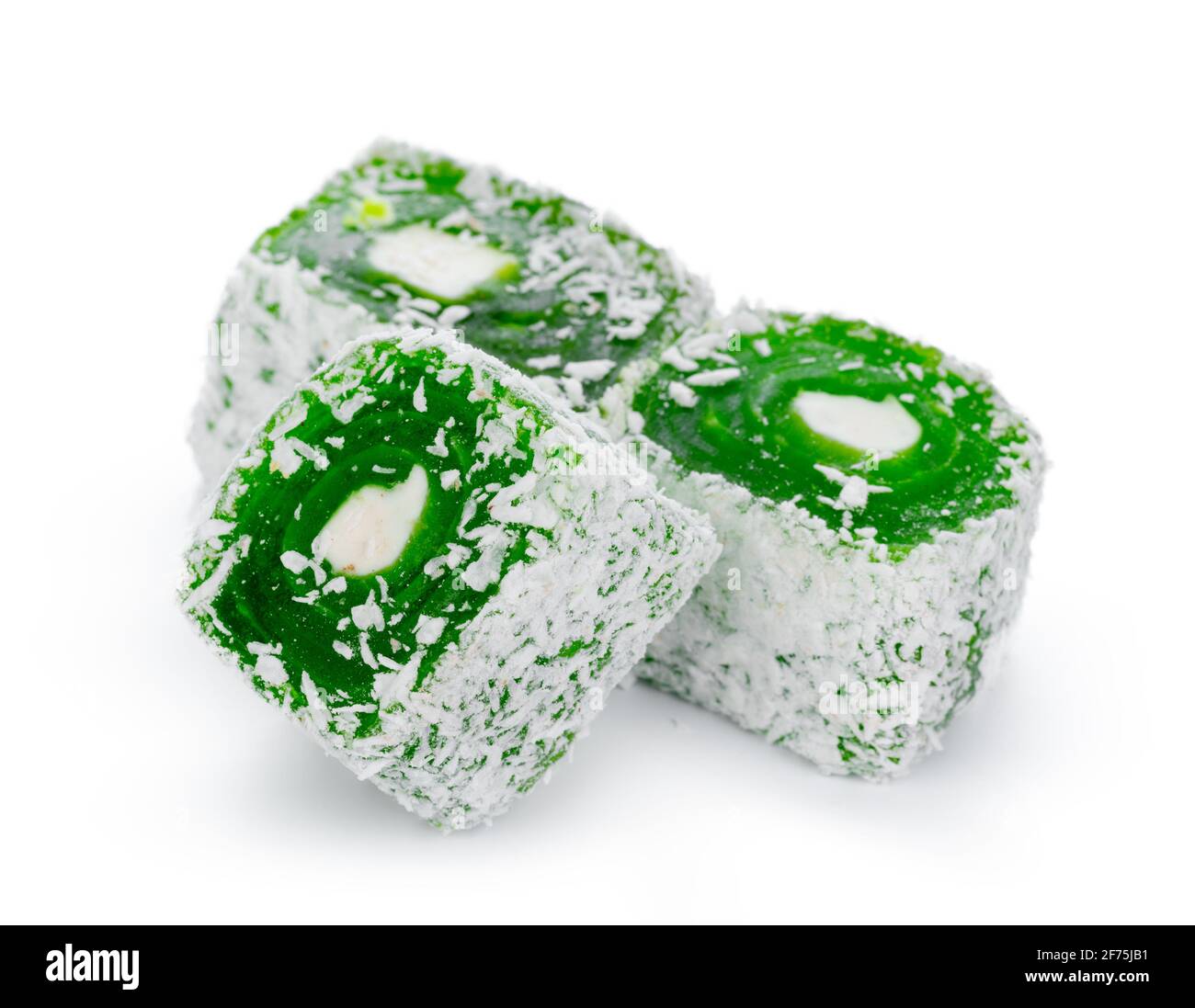 Close up of green Turkish delight sweets isolated on white Stock Photo ...