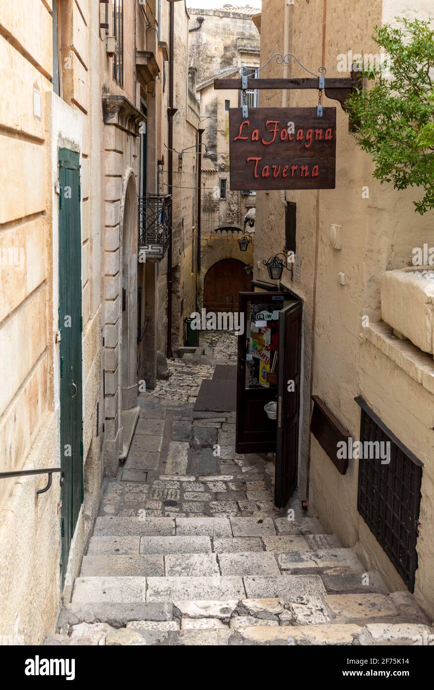 Matera, Italy - September 20, 2019: Typical cobbled stairs in a side ...