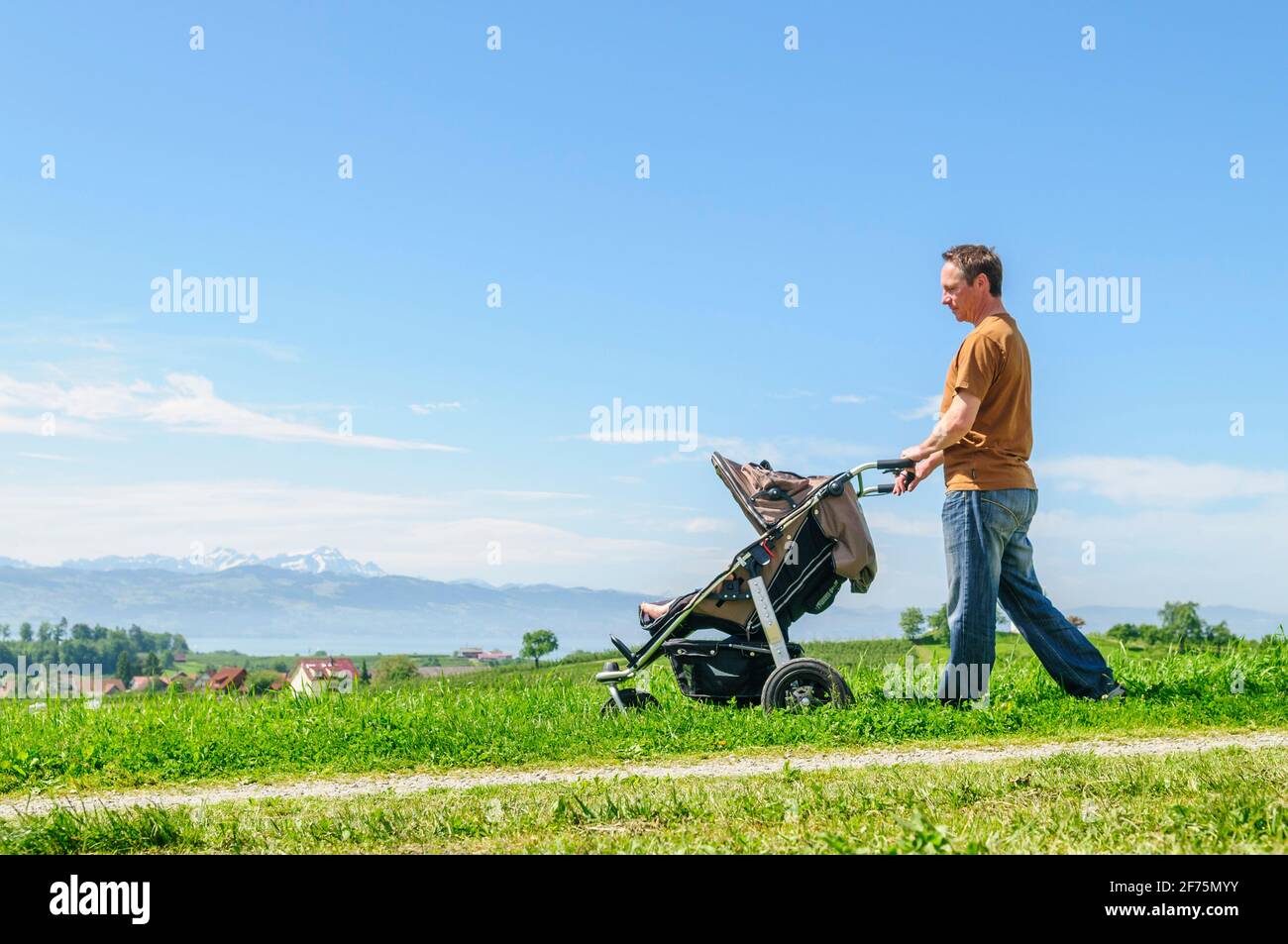 Father on the way with baby in buggy in beautiful springtime nature ...