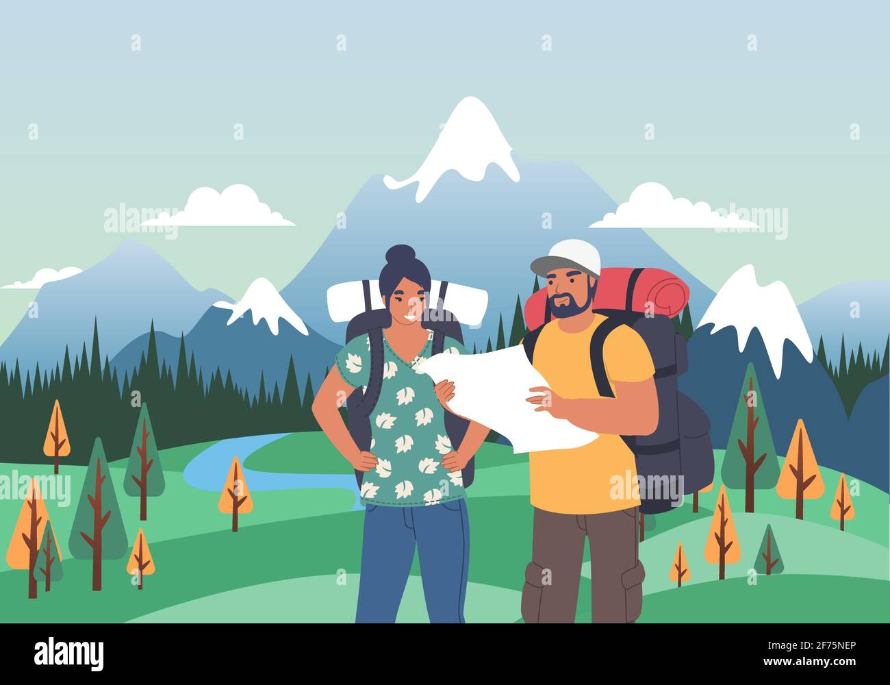 Hiker looking at hiking map Stock Vector Images - Alamy