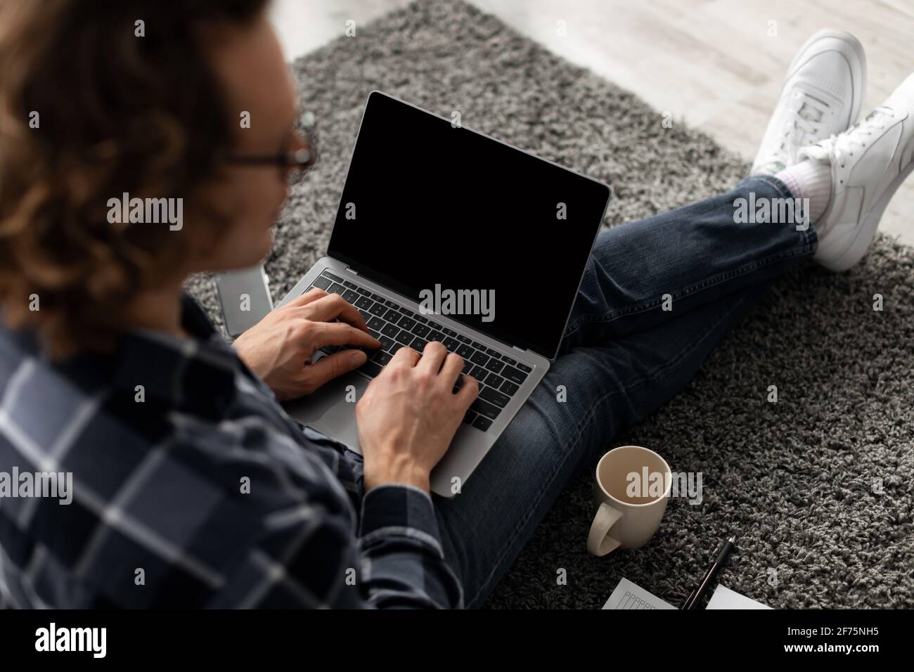 Back-View Of Guy Using Laptop With Blank Screen Sitting Indoor Stock ...