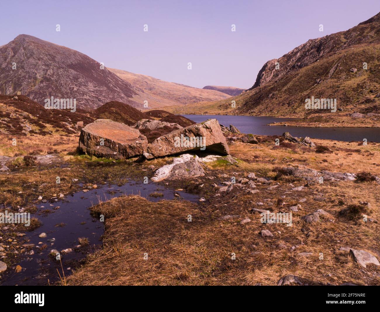 View across Llyn Idwal in Cwm Ogwen towards Carneddau Mountains ...