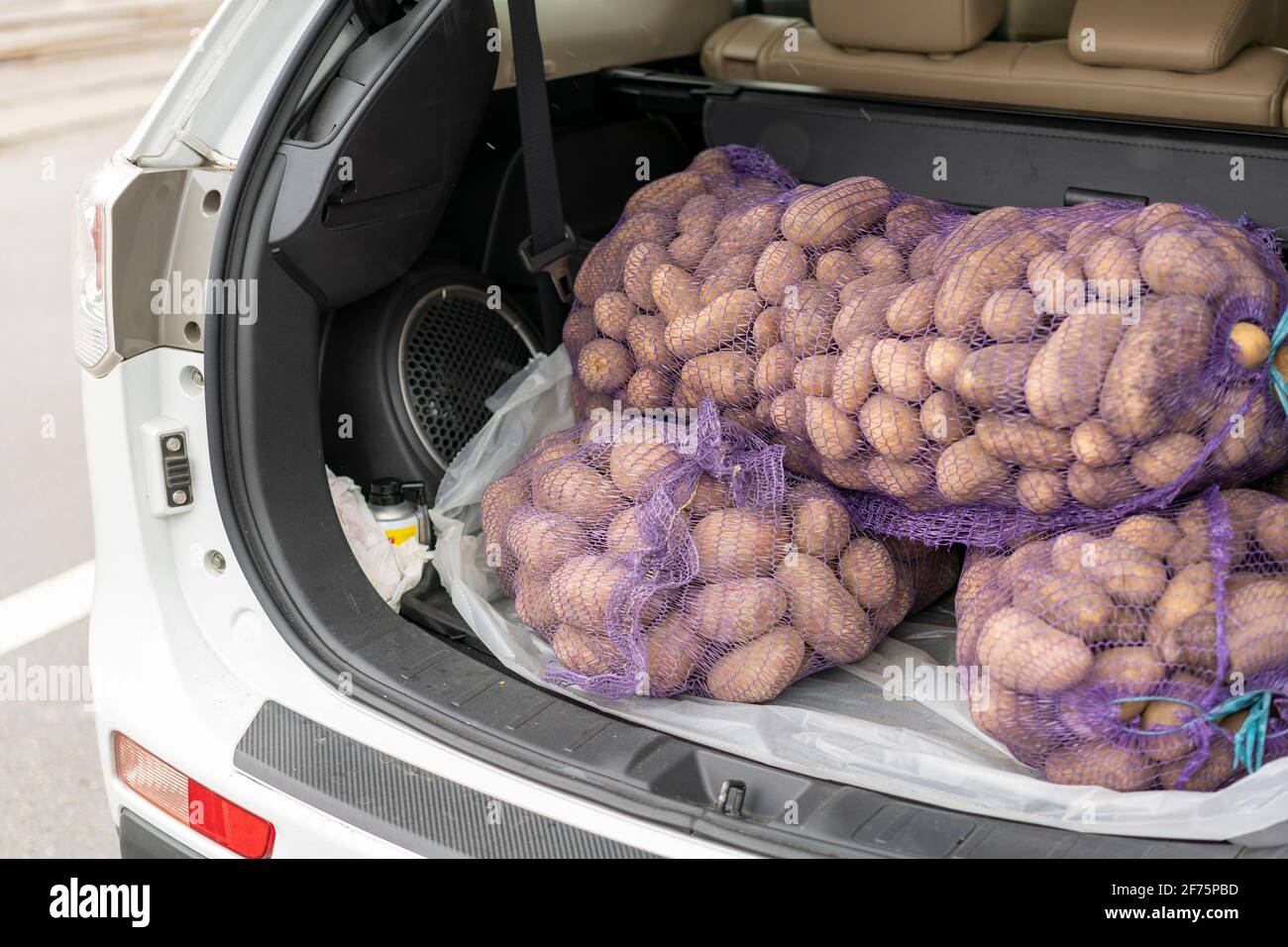 loaded car carries on the trunk bags of potatoes. trunk of a car filled ...