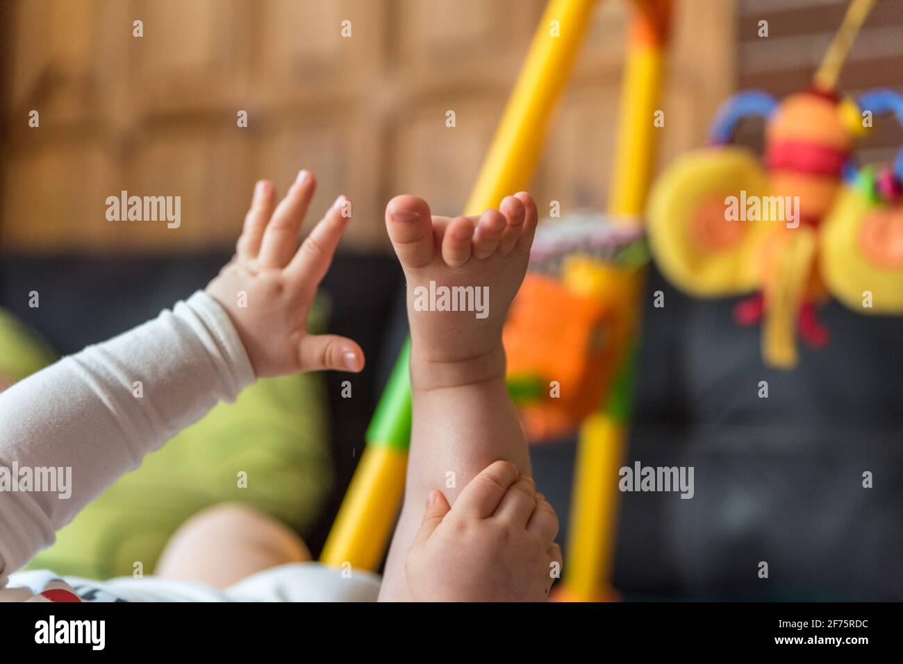 Hands and feet of a baby lying on a blanket. Baby's outstretched hand ...