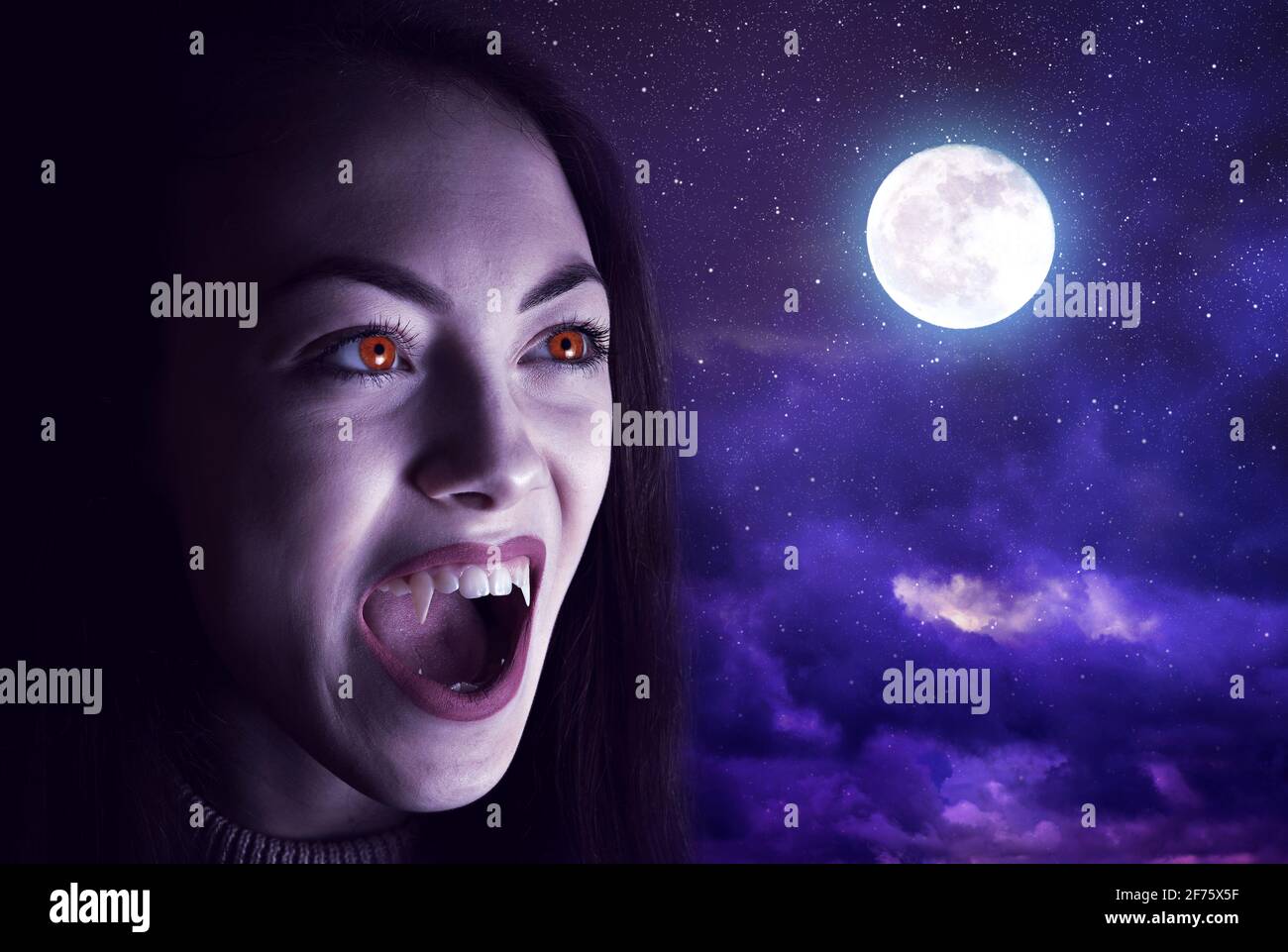 Halloween angry vampire woman in night sky with moon. Horror theme ...