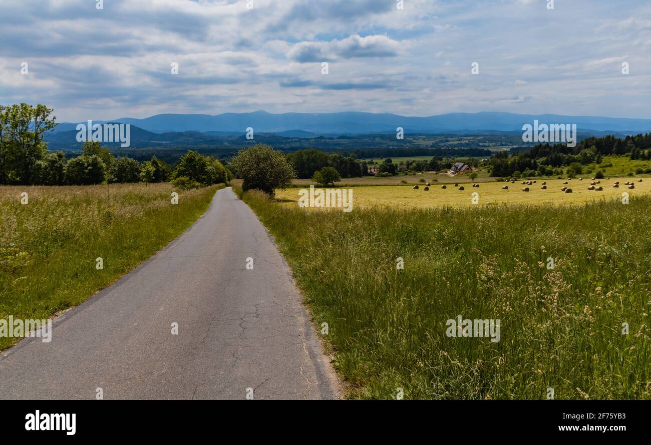Long path with bushes and fields around in Kaczawskie mountains Stock ...
