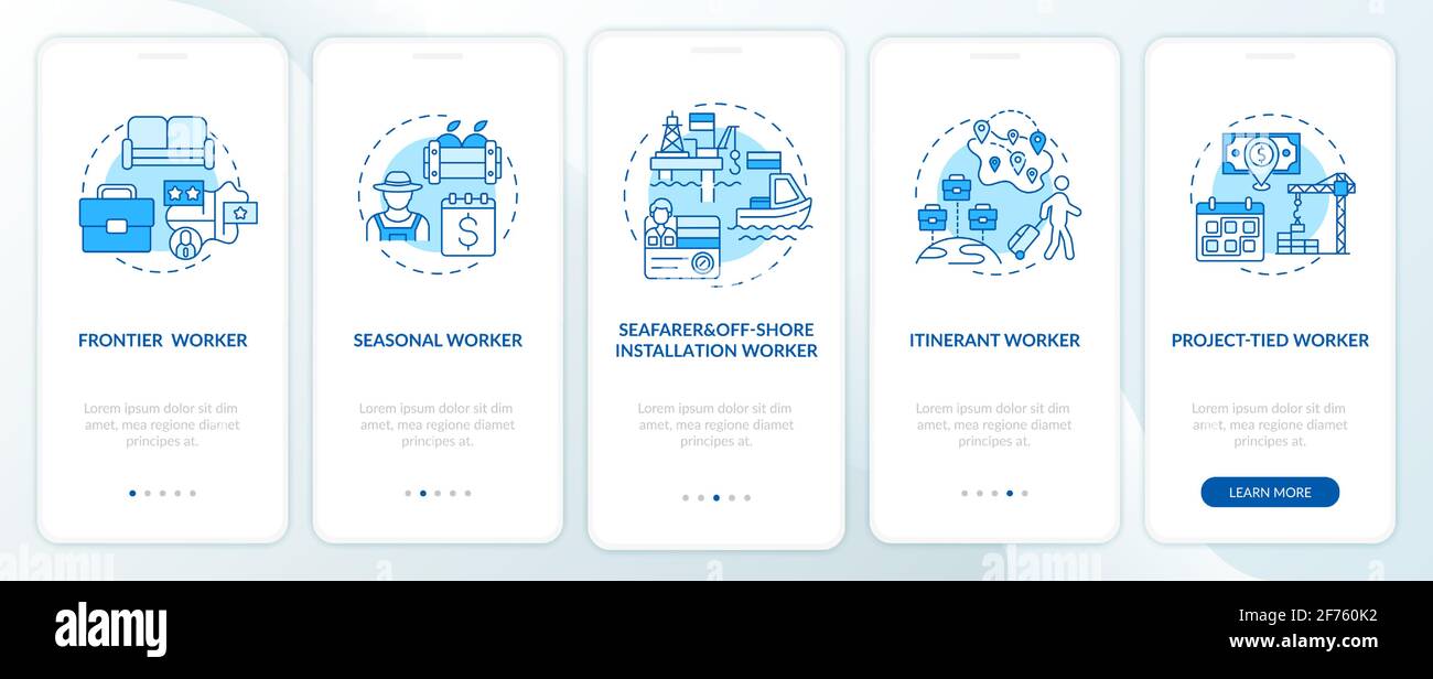 Migrant workers types blue onboarding mobile app page screen with ...