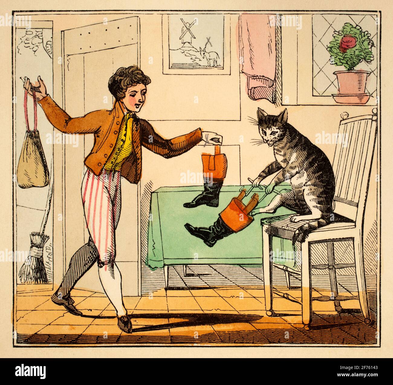 the cunning cat Grimalkin asks for a bag and boots, 1837 illustration ...