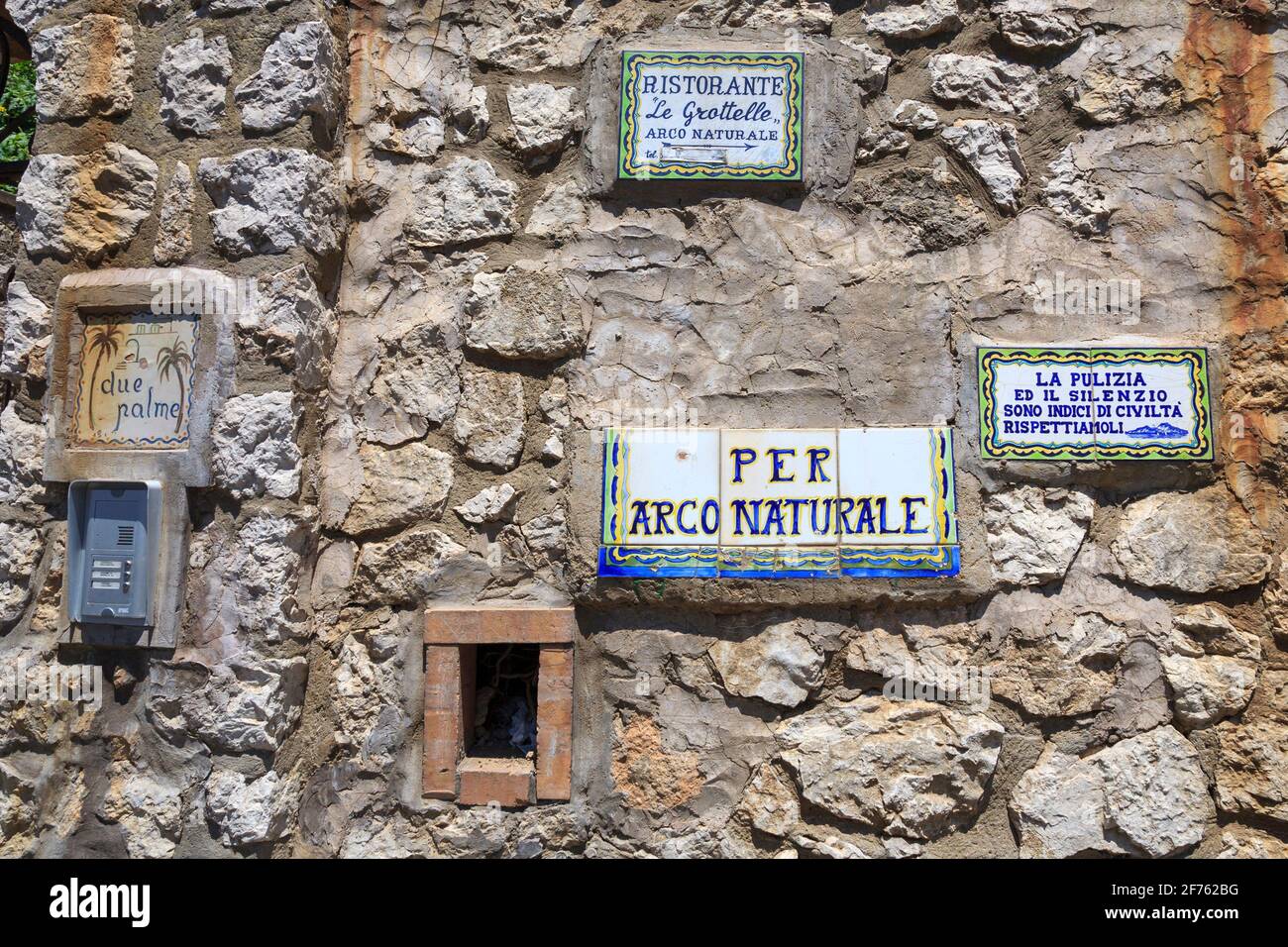 Street signs on the way to the Arco Naturale on the Island of Capri ...