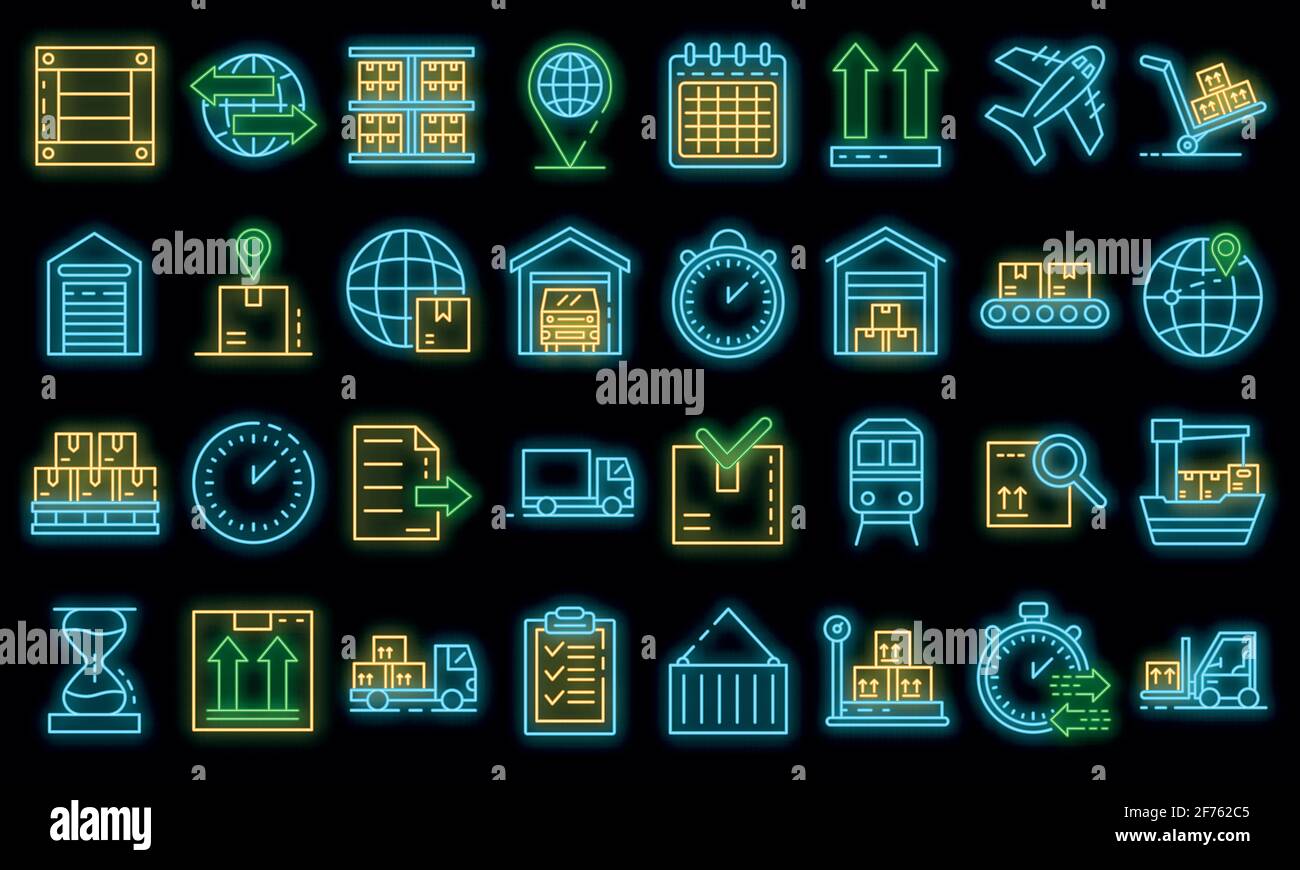 Goods export icons set. Outline set of goods export vector icons neon ...