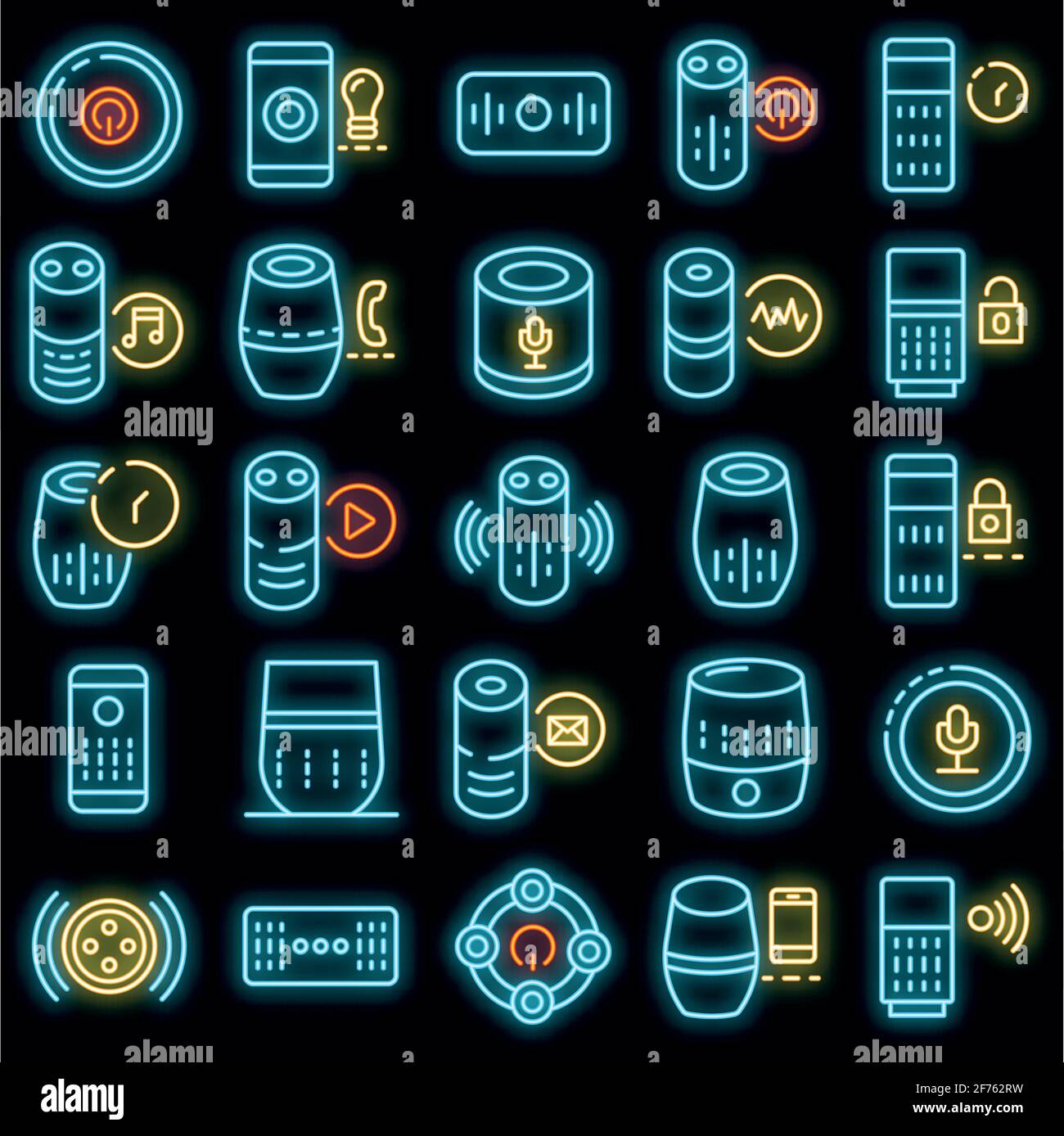 Smart speaker icons set. Outline set of smart speaker vector icons neon color on black Stock ...