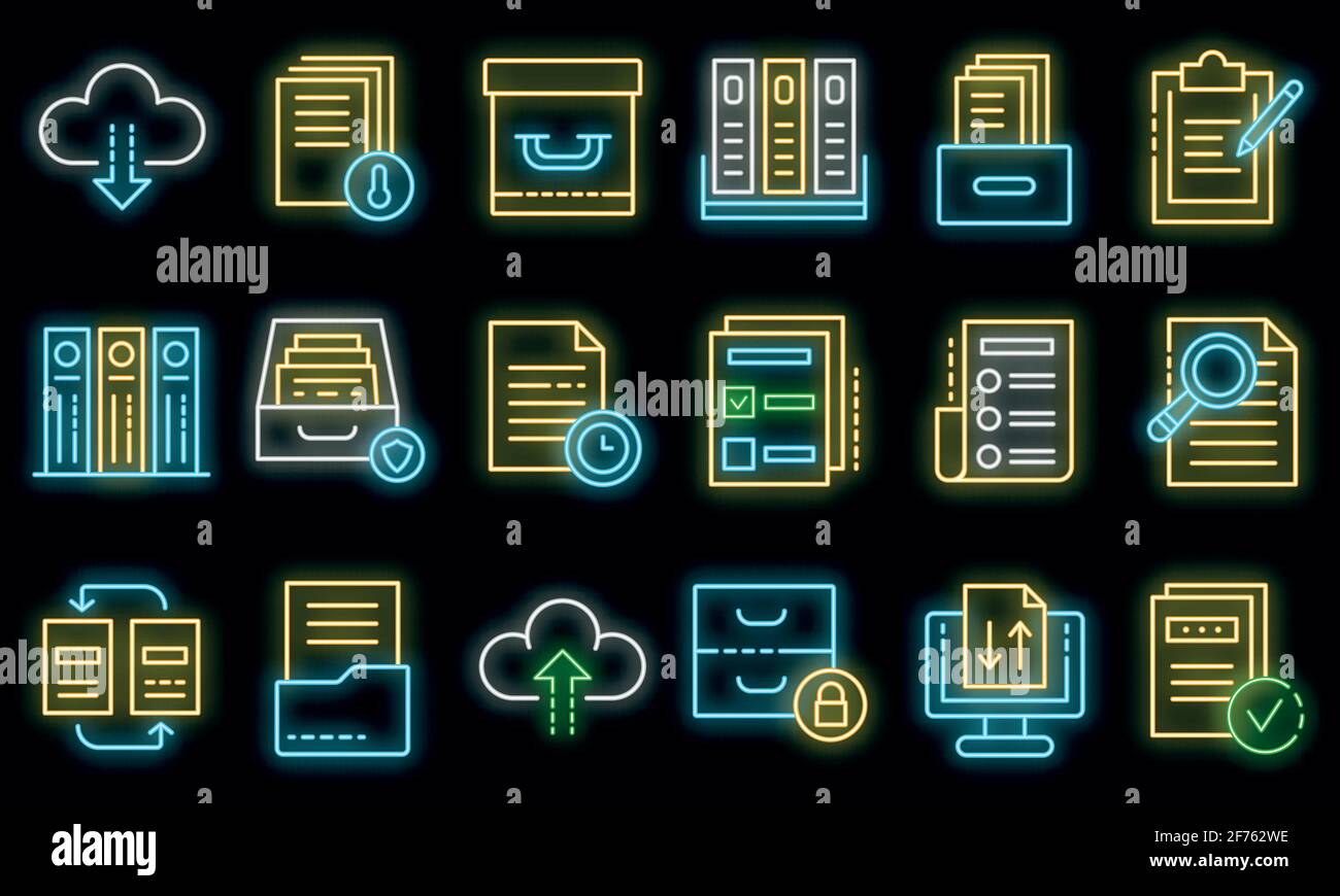 Archive icons set. Outline set of archive vector icons neon color on ...
