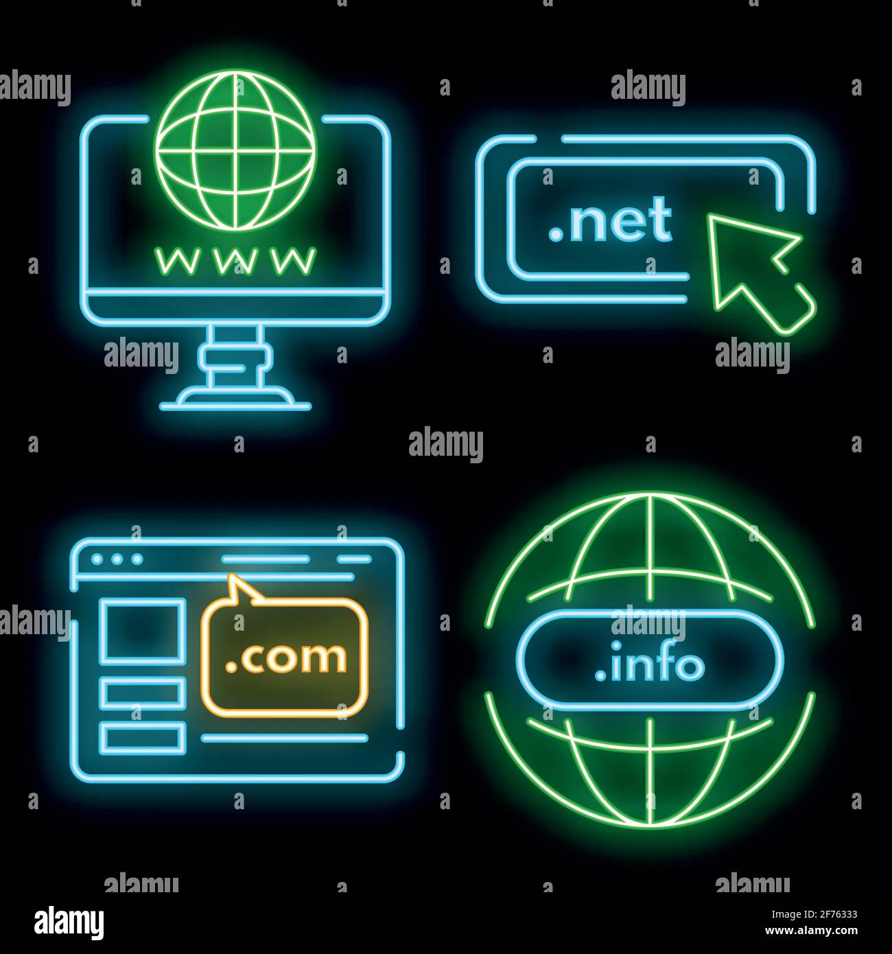 Domain icons set. Outline set of domain vector icons neon color on ...