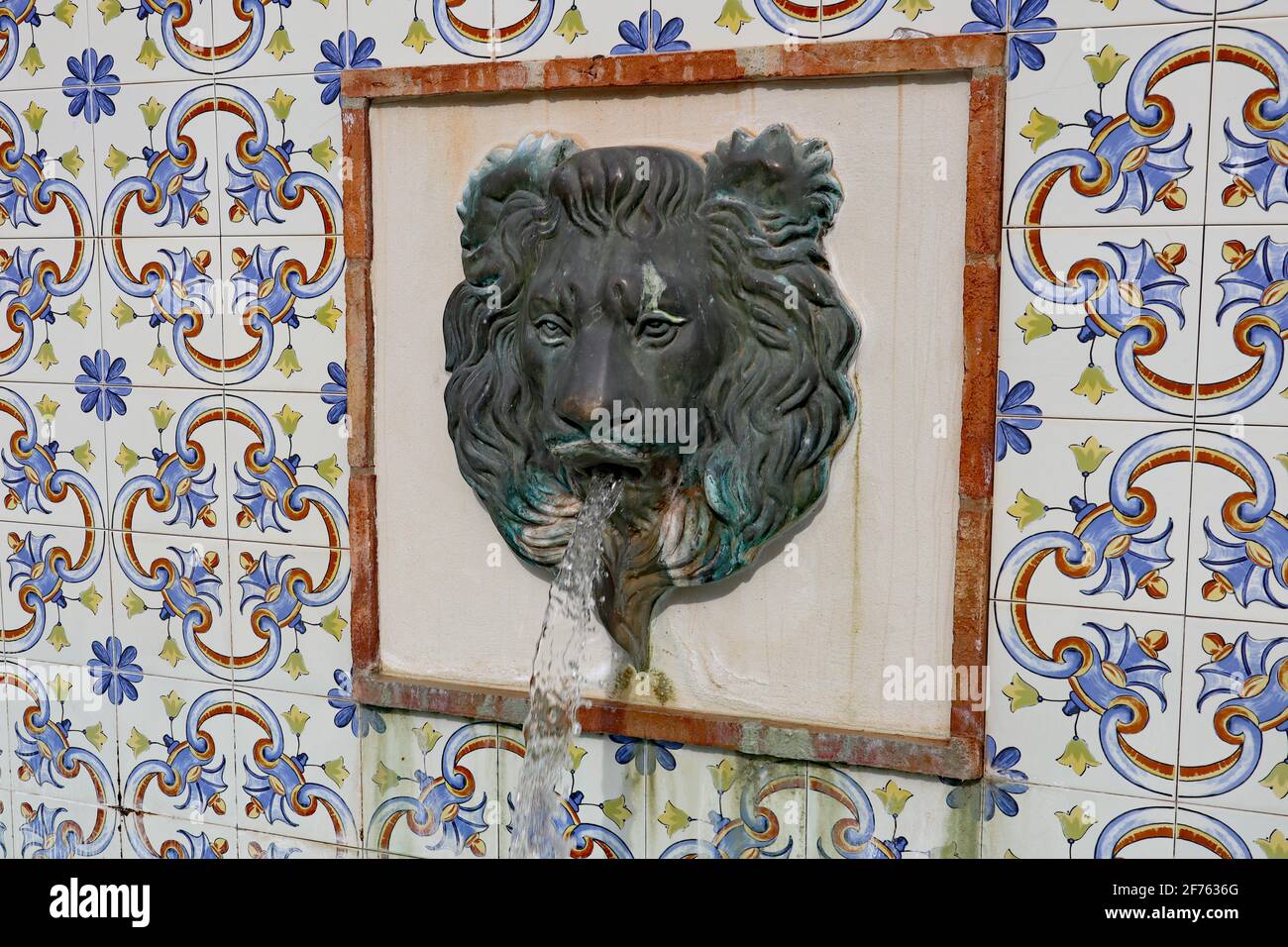 A water feature with a lion's head on a ceramic tile background in a ...