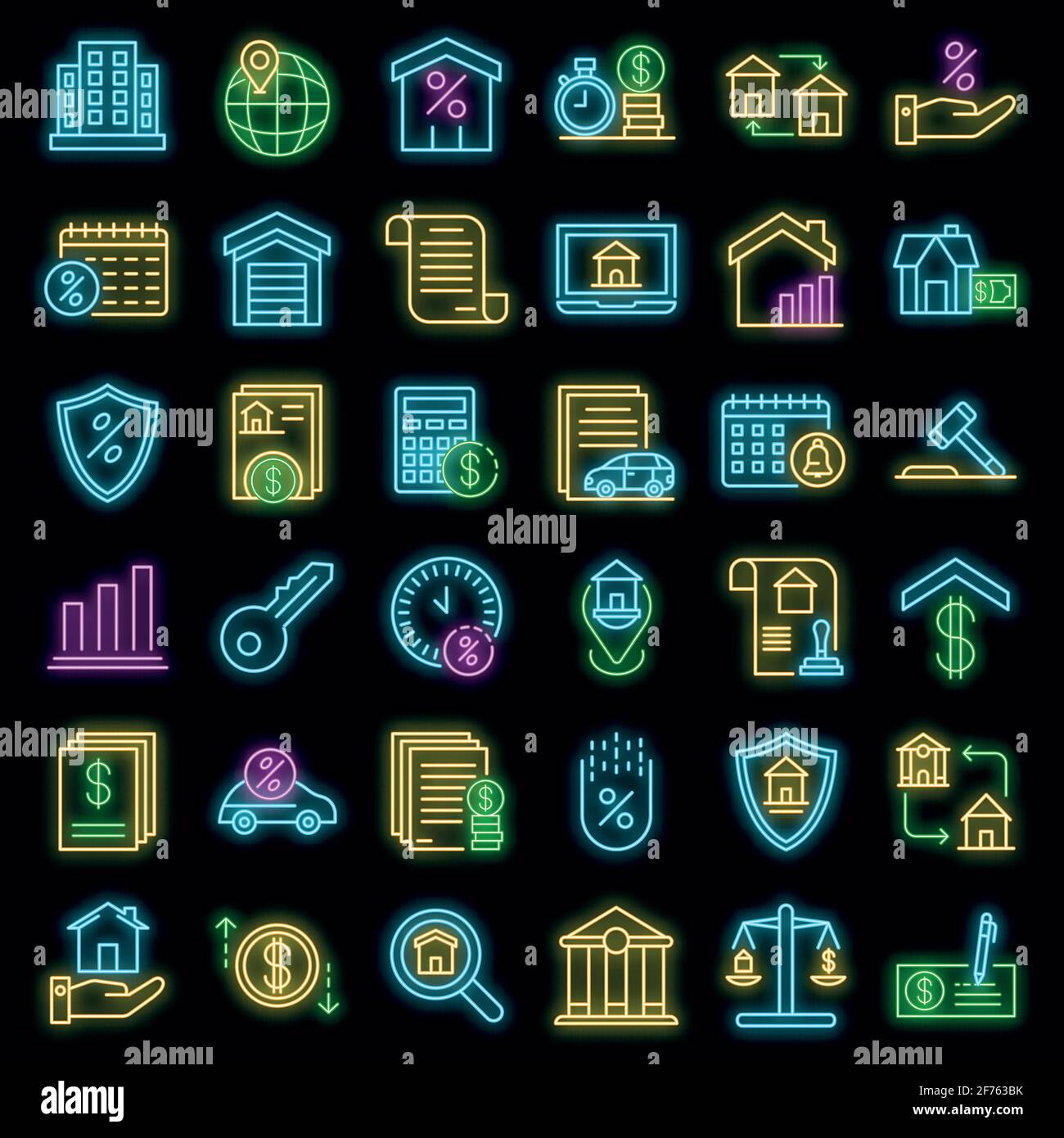 Mortgage icons set. Outline set of mortgage vector icons neon color on ...