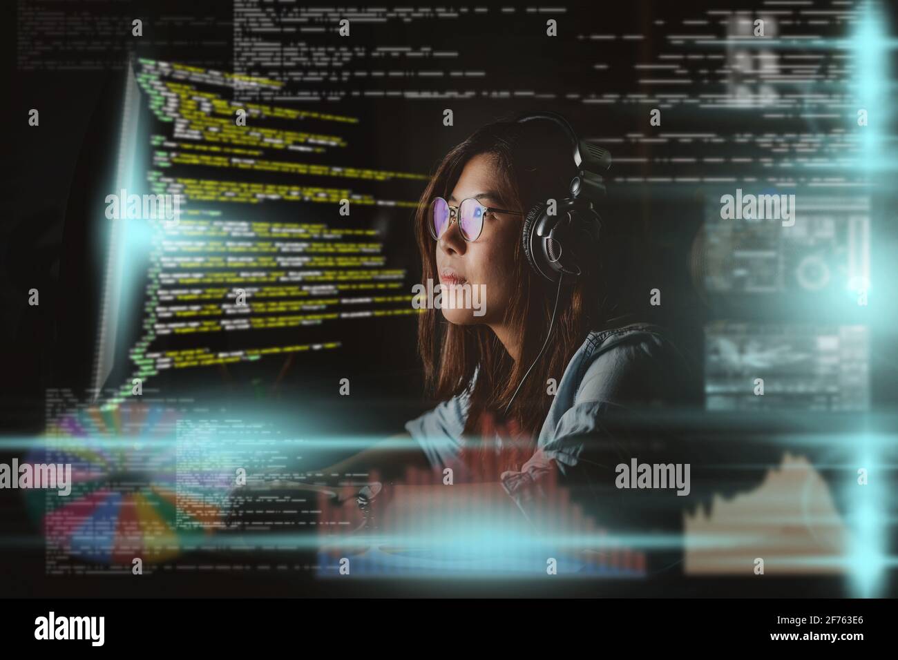 Asian Businesswoman working hard with front of computer desktop with ...