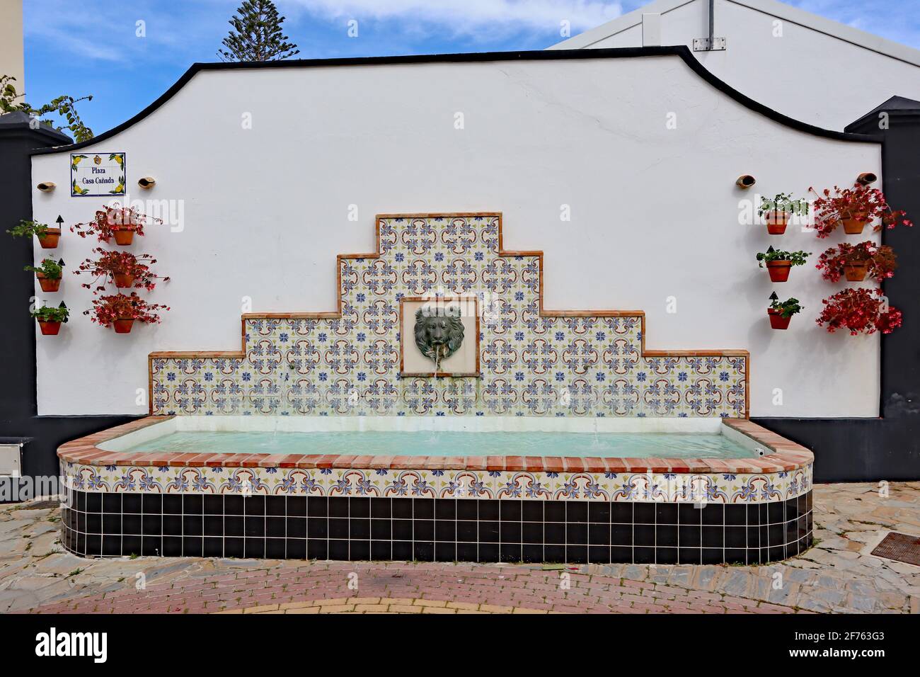 A water feature with a lion's head on a ceramic tile background in a ...