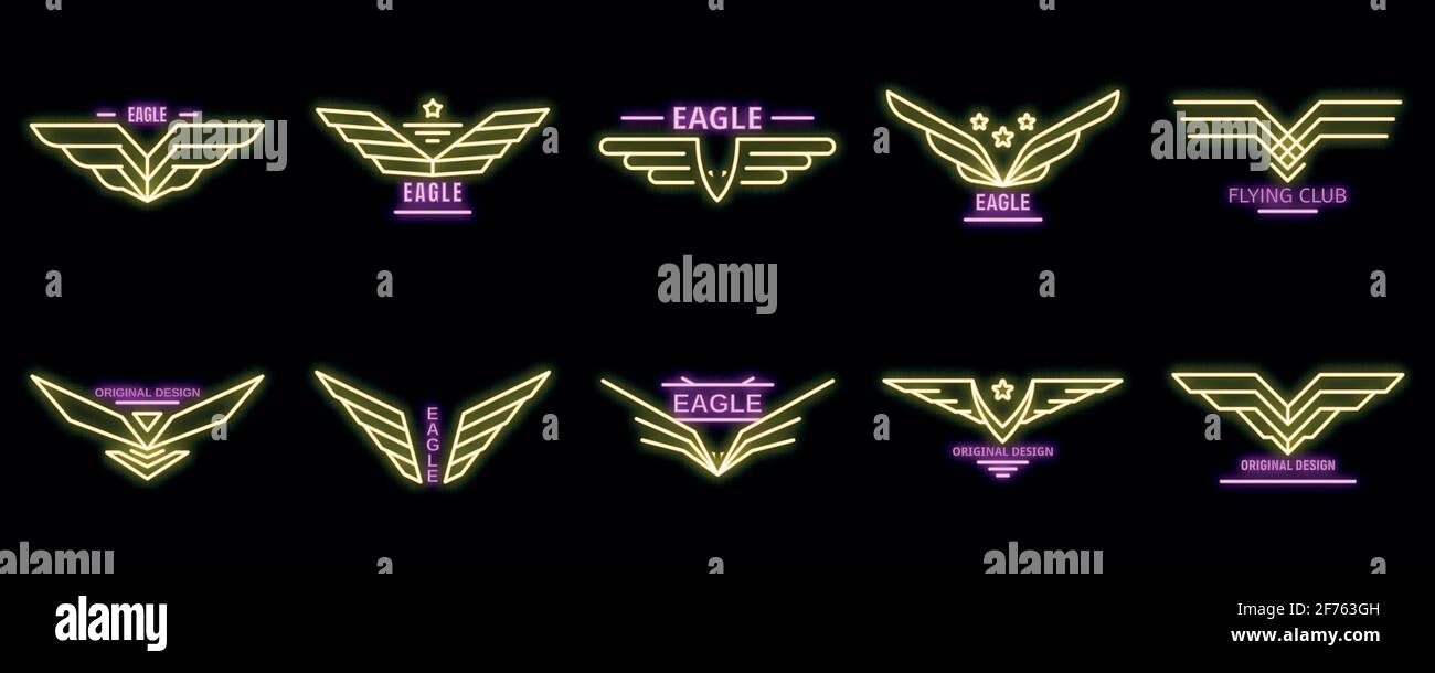 Eagle logo set. Outline set of eagle vector logo neon color on black ...