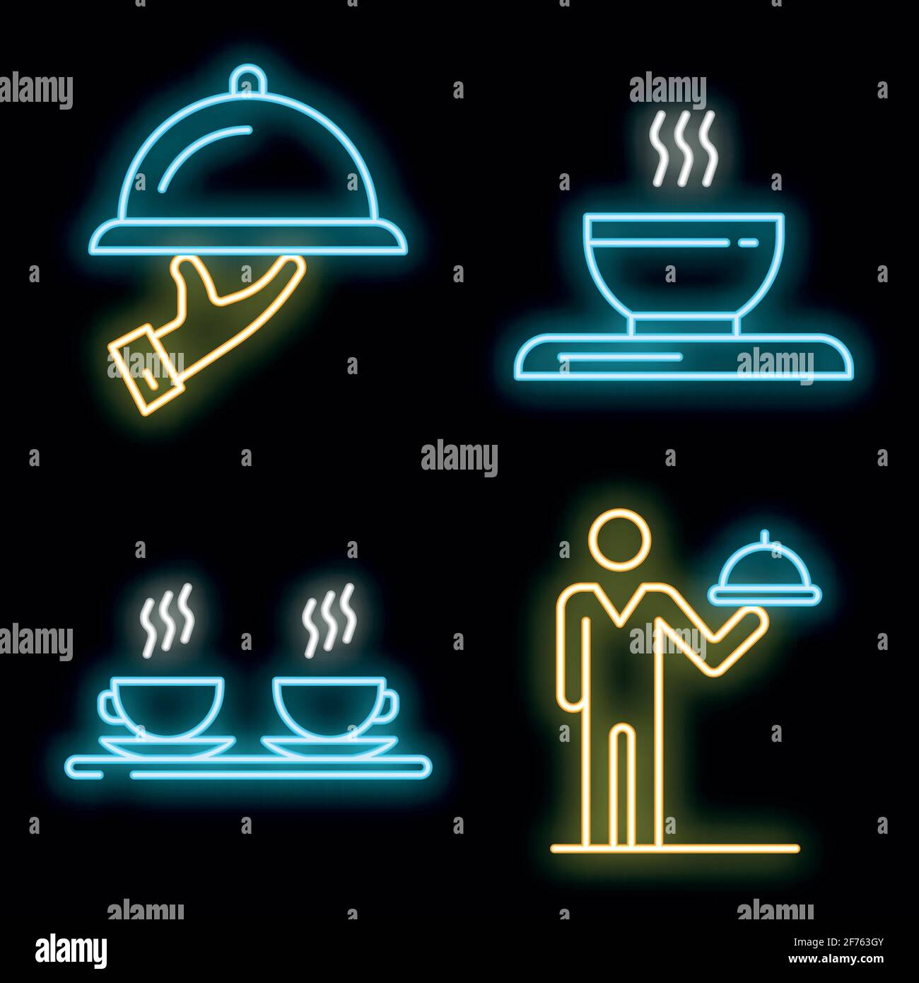 Waiter icons set. Outline set of waiter vector icons neon color on ...