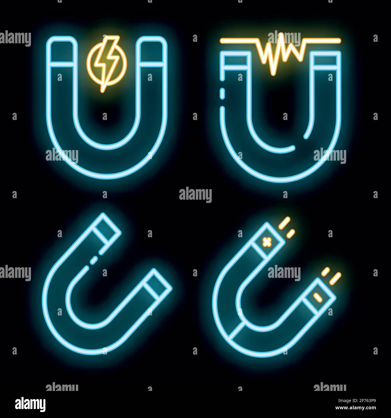 Magnet icons set. Outline set of magnet vector icons neon color on ...