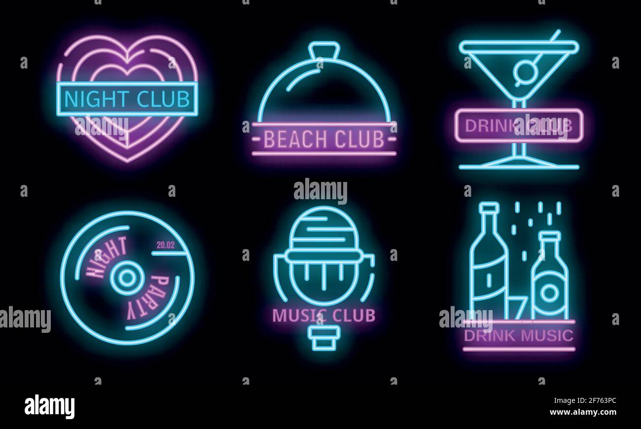 Nightclub logo set. Outline set of nightclub vector logo neon color on ...