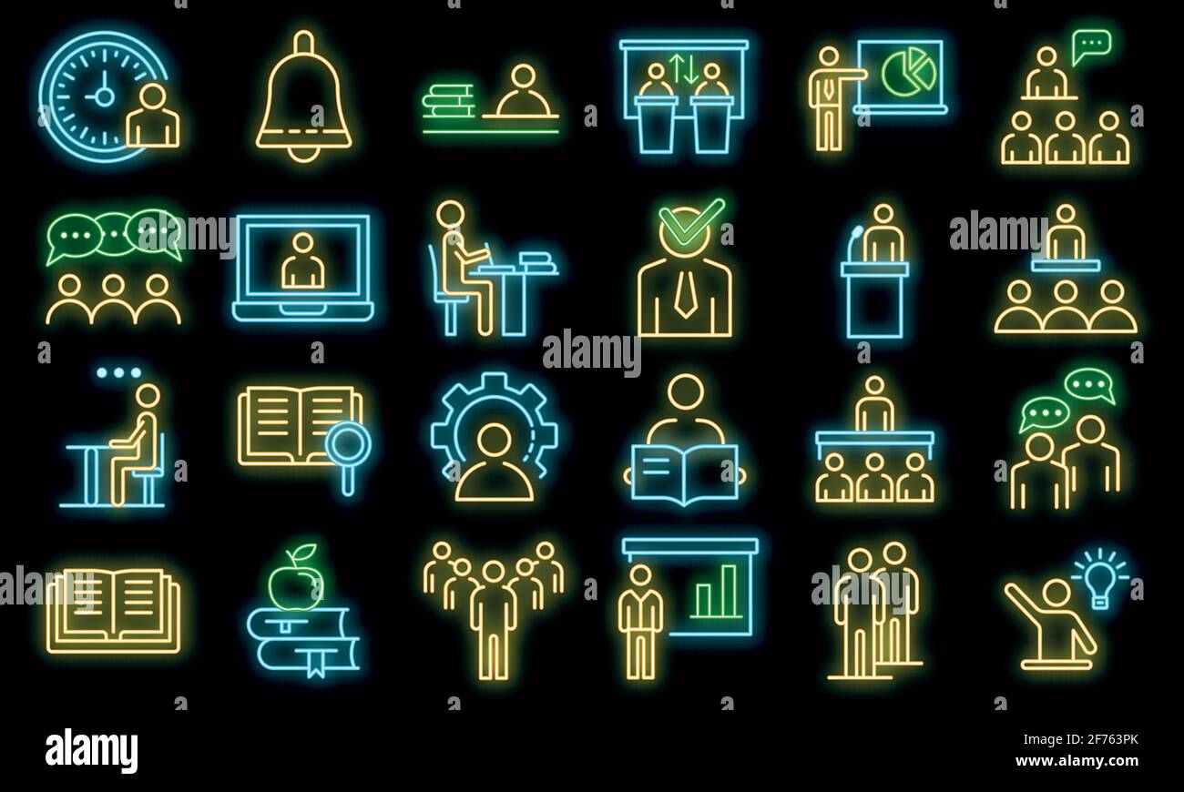 Lecture Class Icons Set Outline Set Of Lecture Class Vector Icons Neon Color On Black Stock