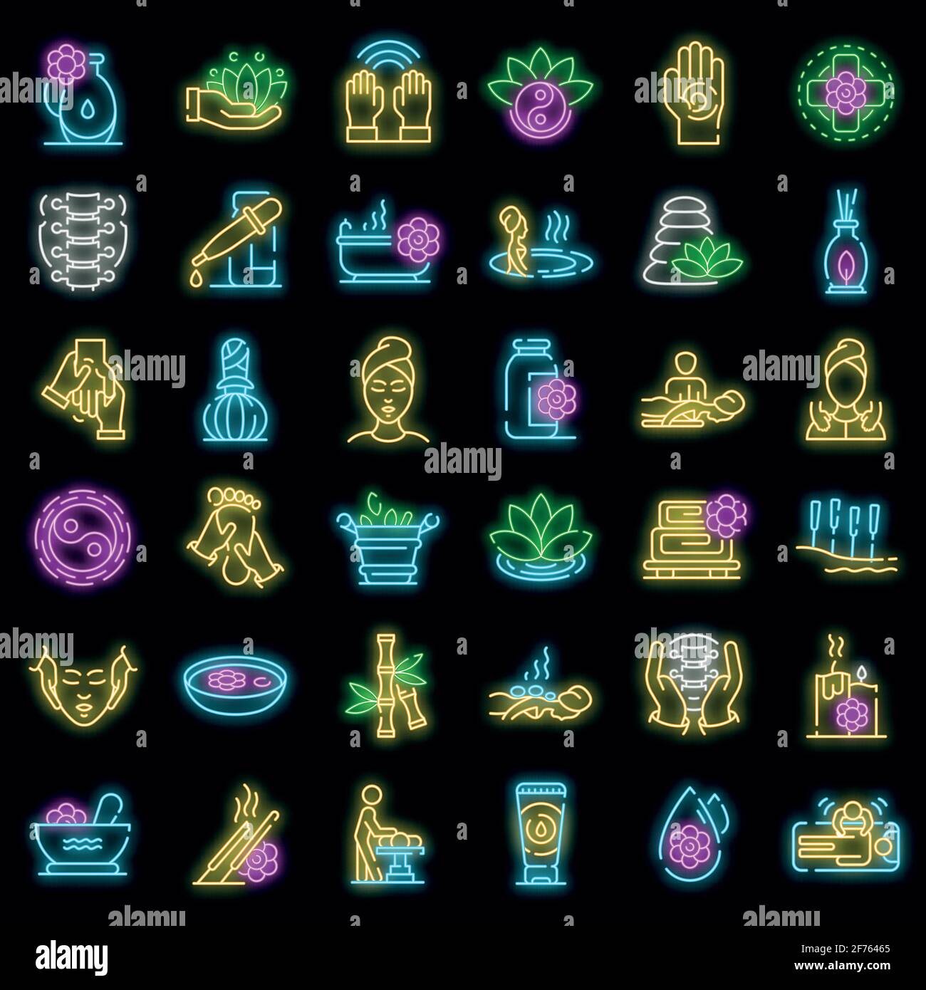 Massage icons set. Outline set of massage vector icons neon color on ...