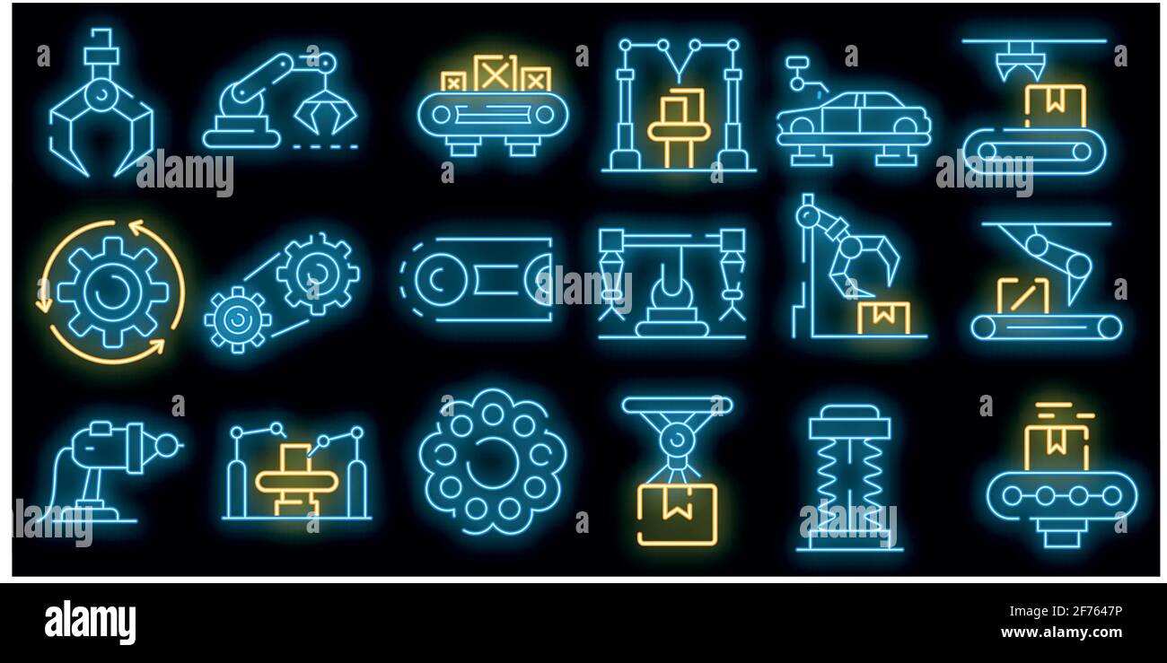 Assembly line icons set. Outline set of assembly line vector icons neon ...