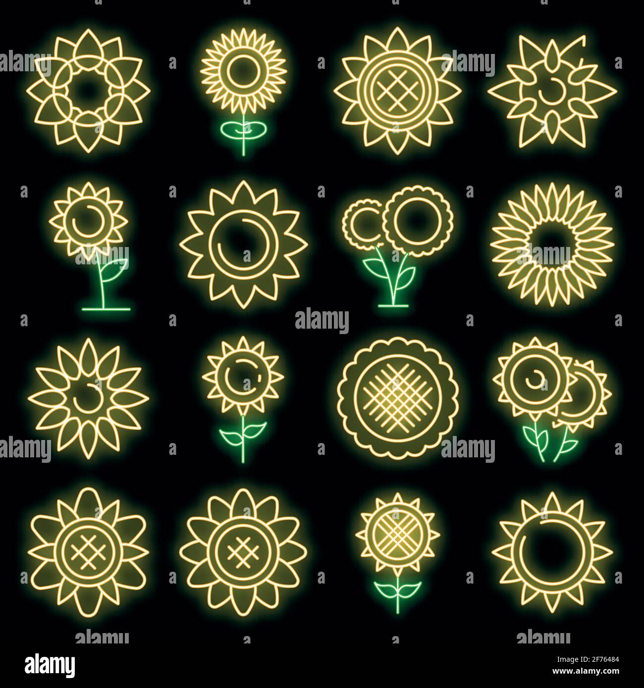 Sunflower icons set. Outline set of sunflower vector icons neon color ...