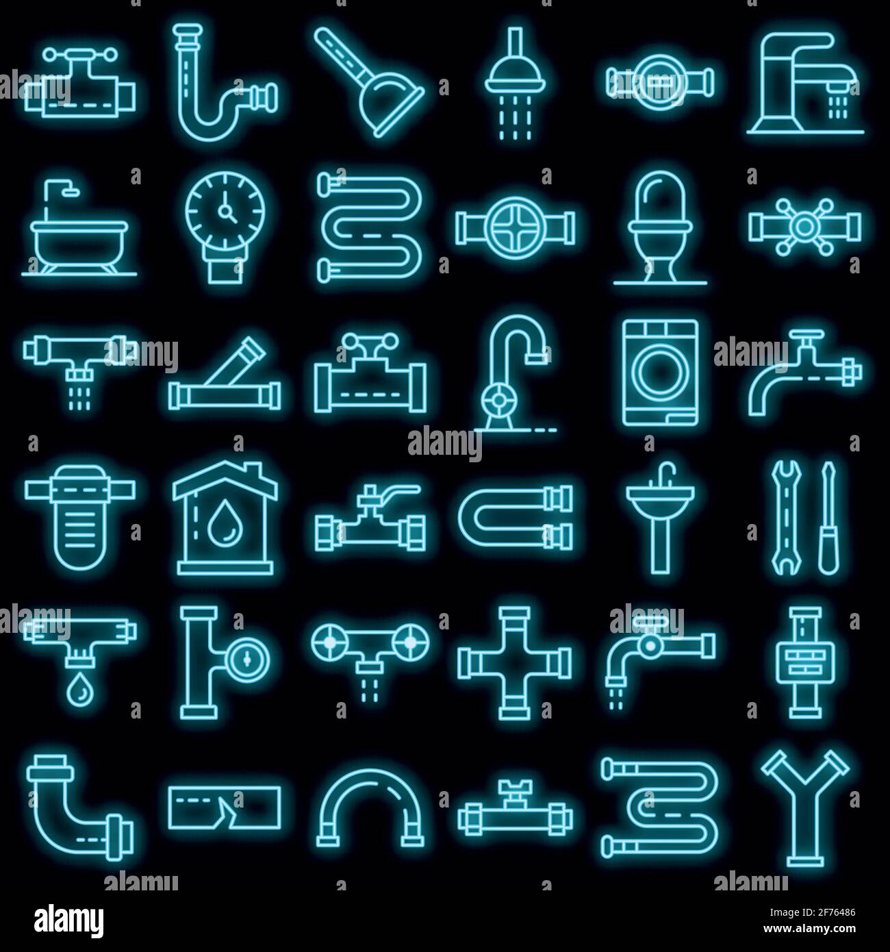 Plumbing icons set. Outline set of plumbing vector icons neon color on ...