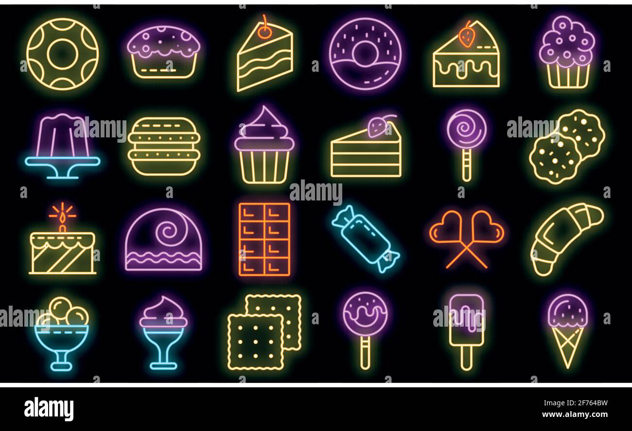 Confectionery icons set. Outline set of confectionery vector icons neon ...