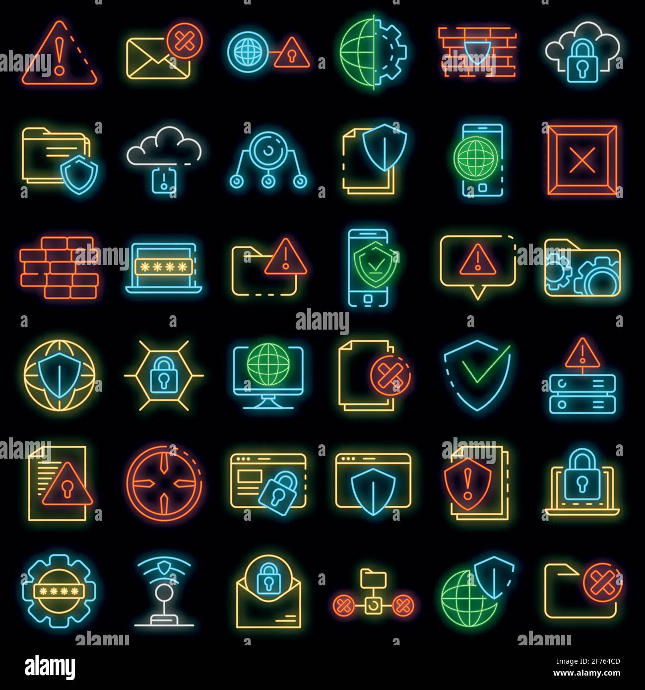 Firewall icons set. Outline set of firewall vector icons neon color on ...