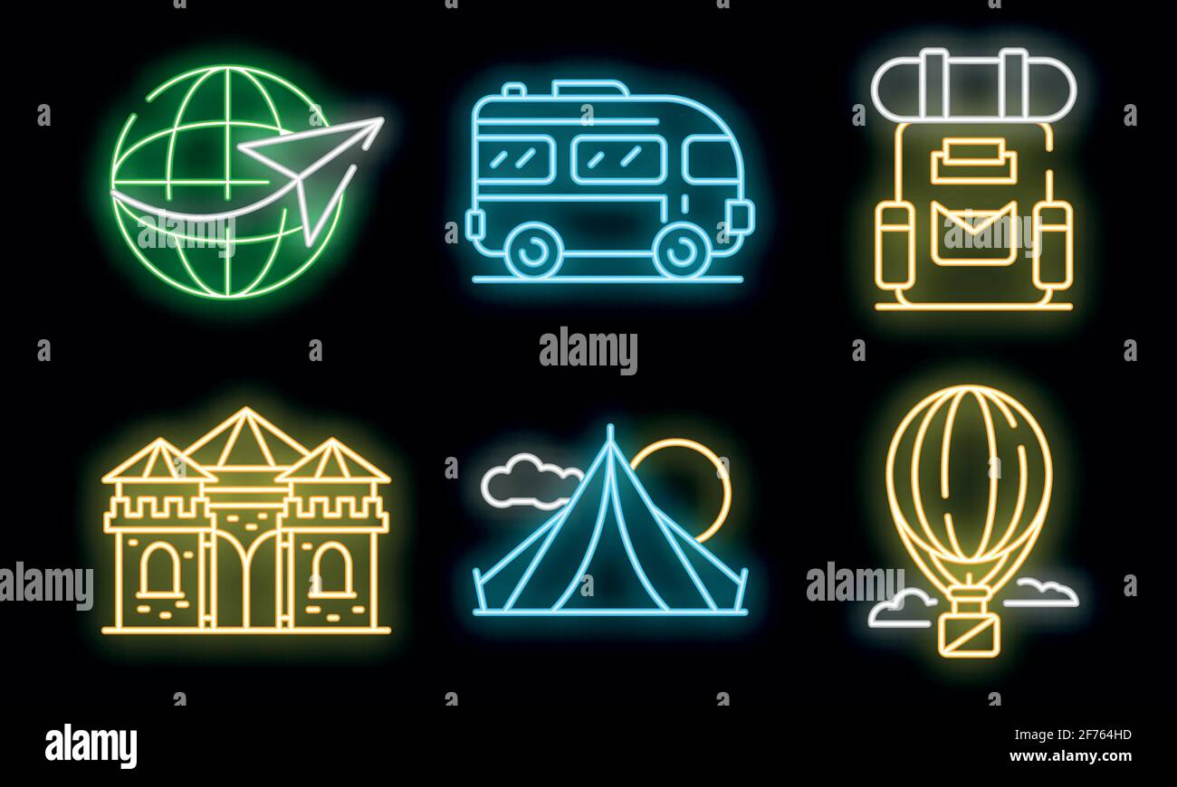 Excursion icons set. Outline set of excursion vector icons neon color ...