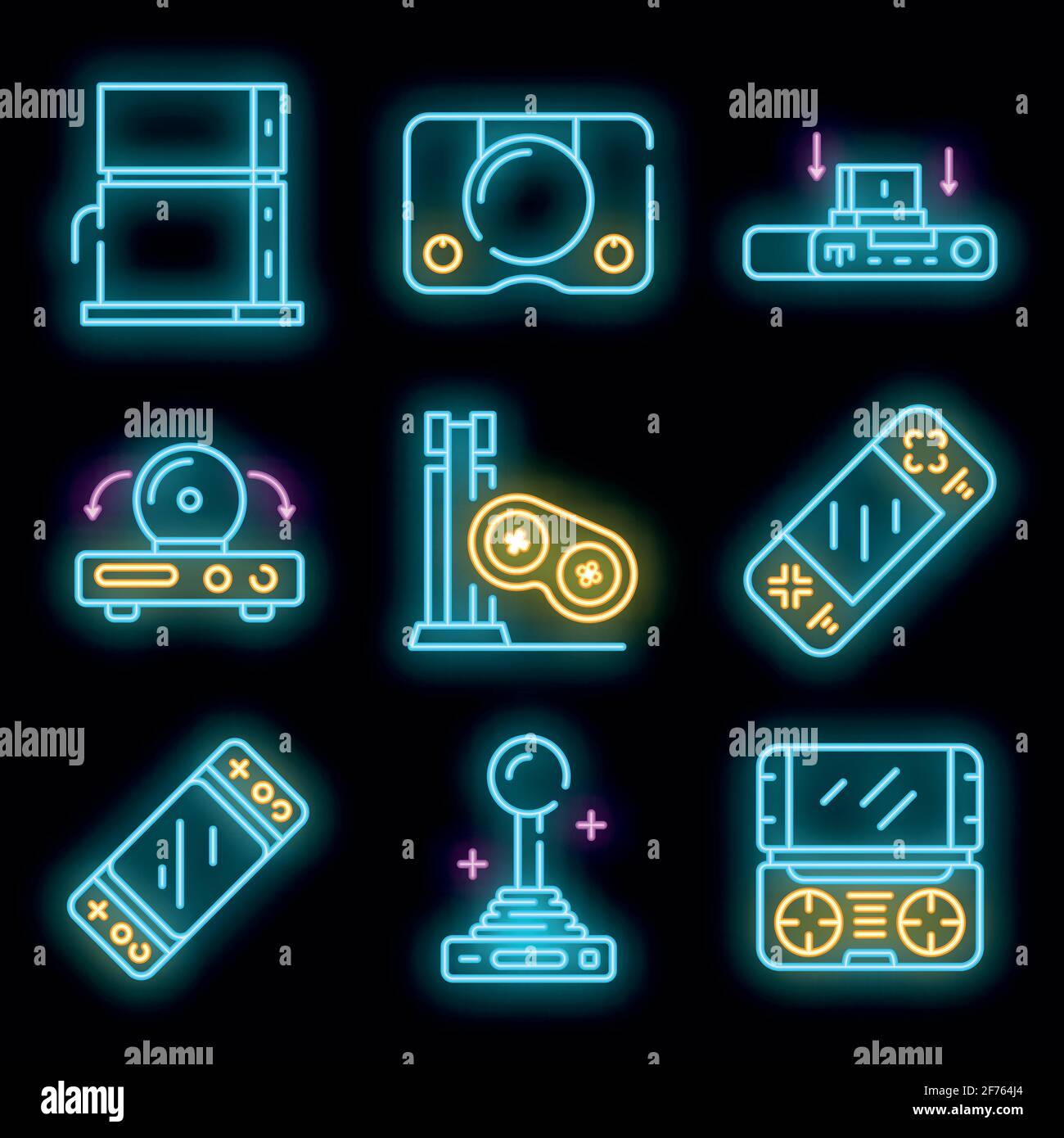 Console icons set. Outline set of console vector icons neon color on ...