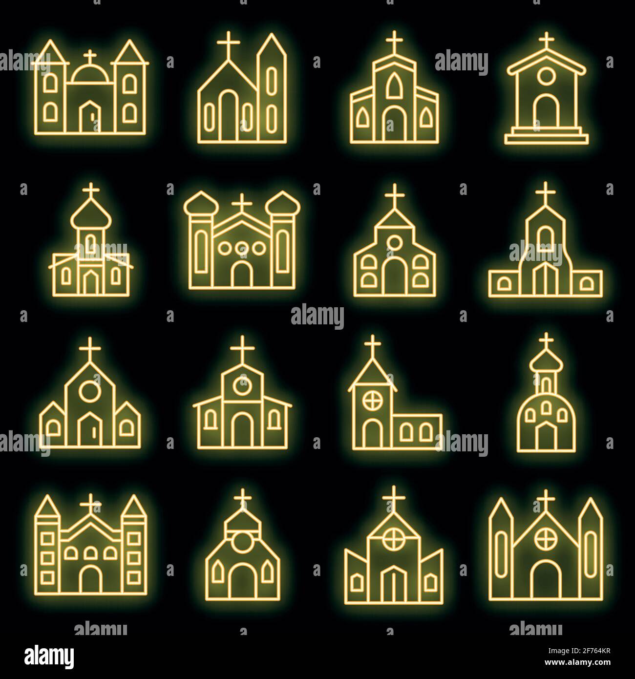 Church icons set. Outline set of church vector icons neon color on ...
