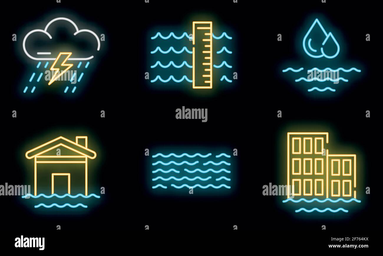 Flood icons set. Outline set of flood vector icons neon color on black ...