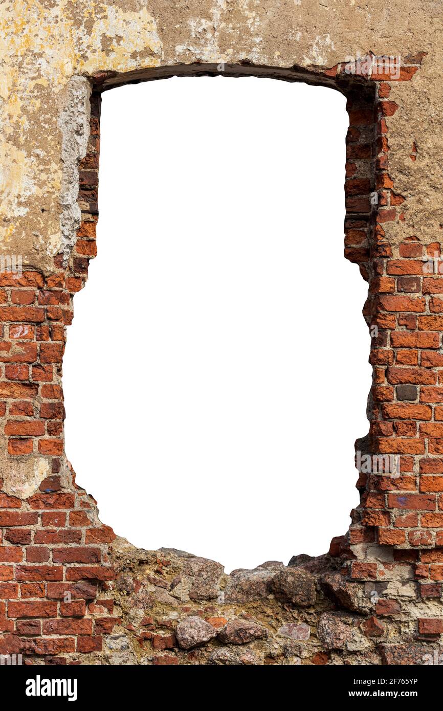 old red brick wall with a hole in the middle. isolated on white ...