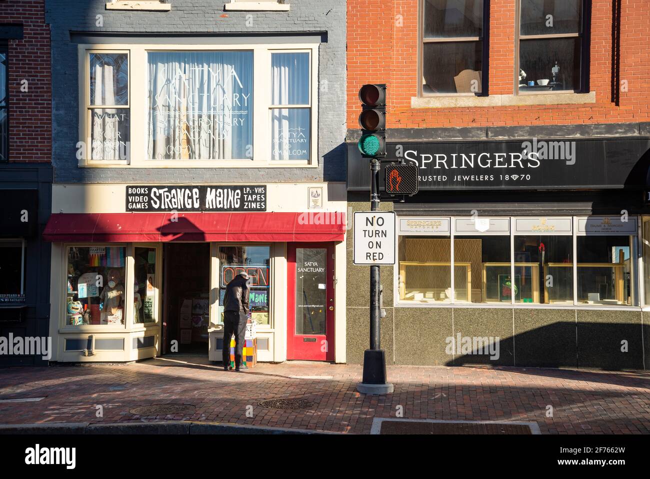 Downtown with old bricks building and old streets in Portland Maine ...