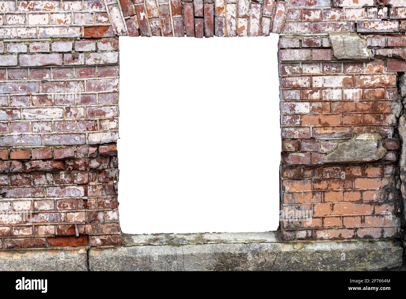 destroyed wall of old bricks with a hole in the middle. isolated on ...