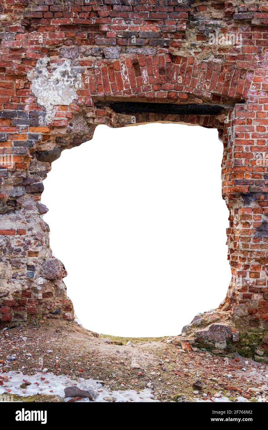 wall with a round hole in the middle made of old brick. isolated on ...