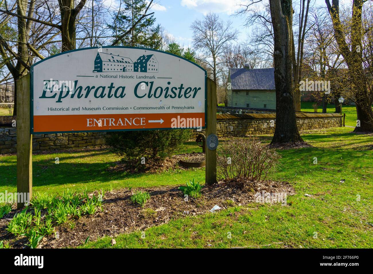 Ephrata, PA, USA - April 4, 2021: Entrance sign at the historic 18th ...