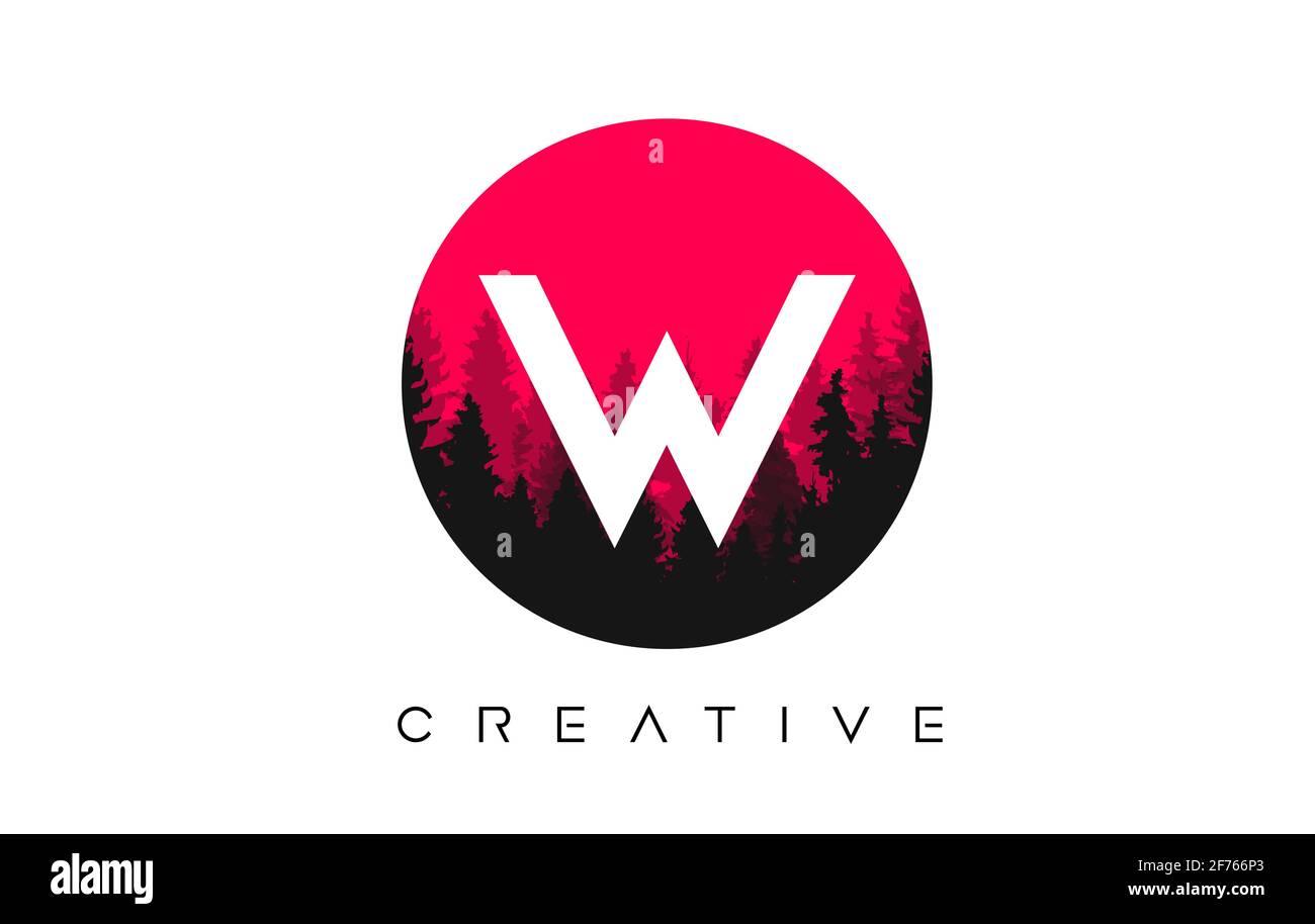 W Letter Logo Design with Pine Forest Vector Shapes and Red Circular ...