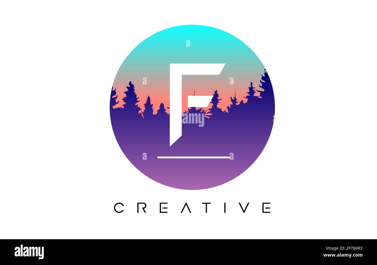 Creative F Letter Logo Design with Pine Forest Vector Shapes and Pastel ...