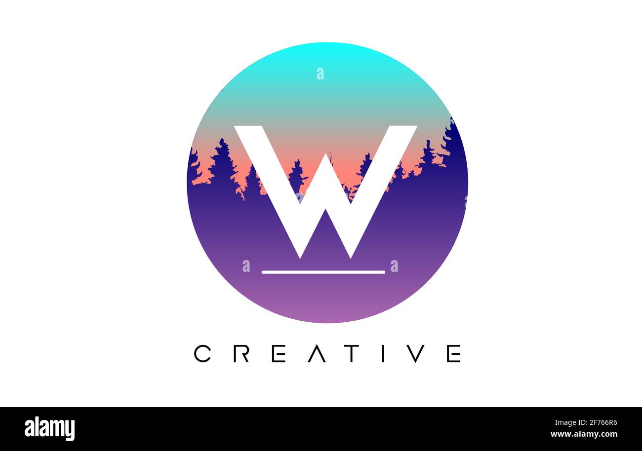 Creative W Letter Logo Design with Pine Forest Vector Shapes and Pastel ...