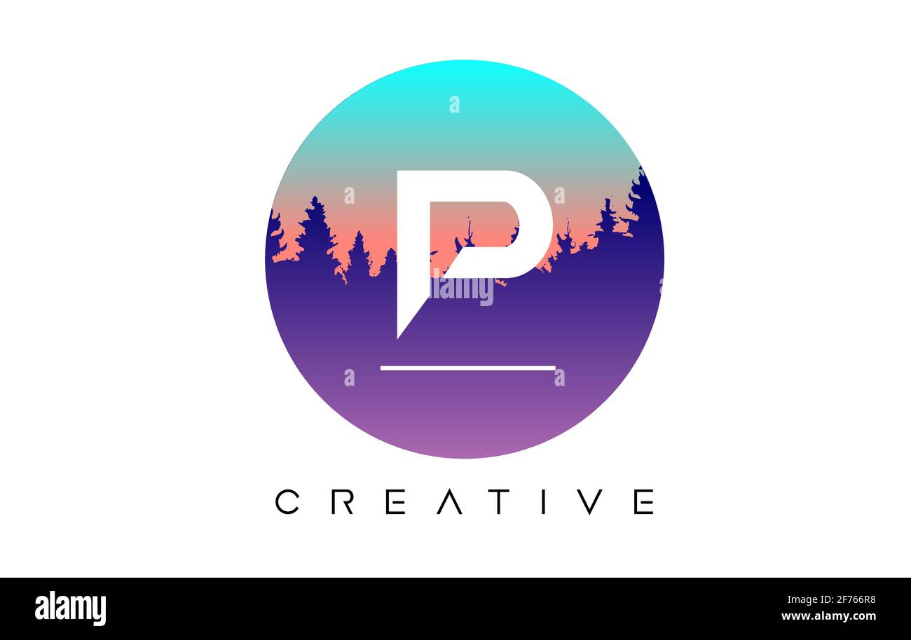 Creative P Letter Logo Design with Pine Forest Vector Shapes and Pastel ...